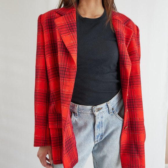 Escada | Jackets & Coats | Vintage Escada Red Plaid Blazer Wool Suit ...